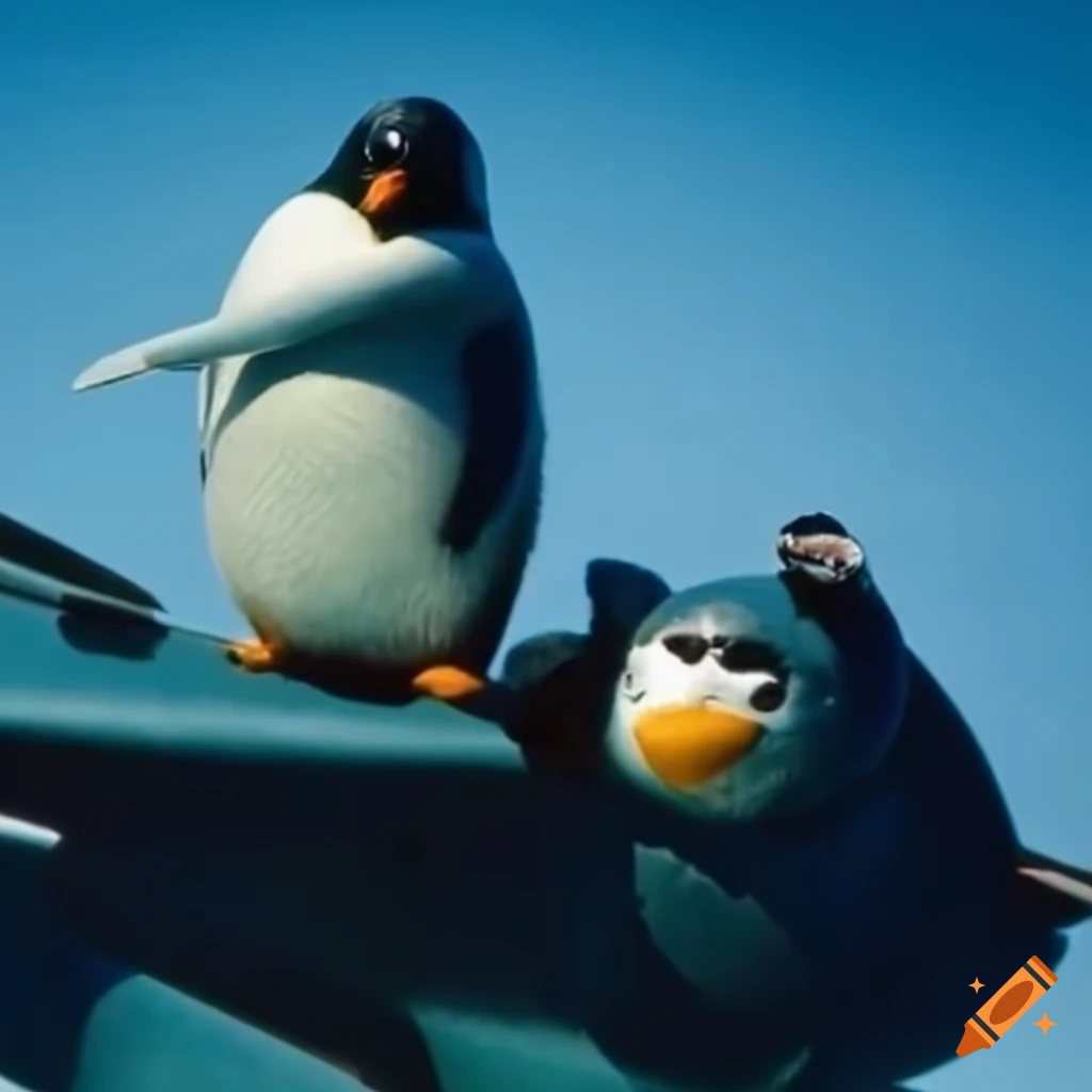 Illustration of penguin-shaped bombs being dropped from a plane on Craiyon