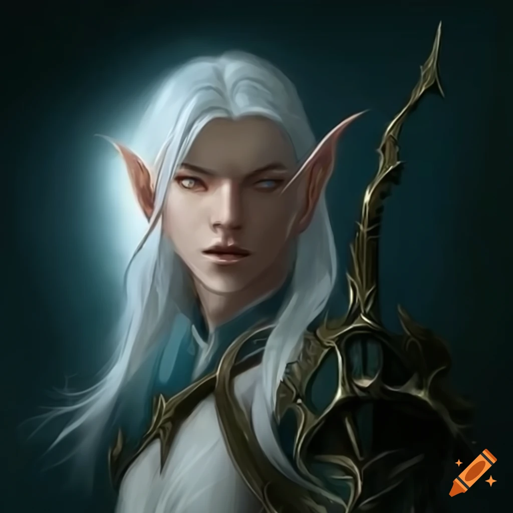 Portrait of a male half-elf with light blue eyes, blonde hair, and ...