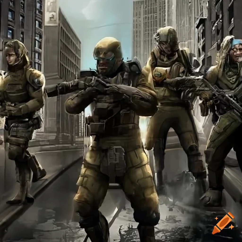 Futuristic armored soldier in attacking position in a city on Craiyon