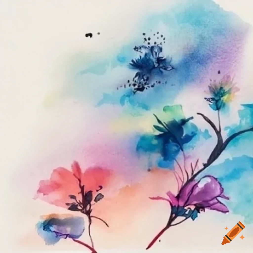 Ink painting of blooming flowers in a scenic landscape on Craiyon