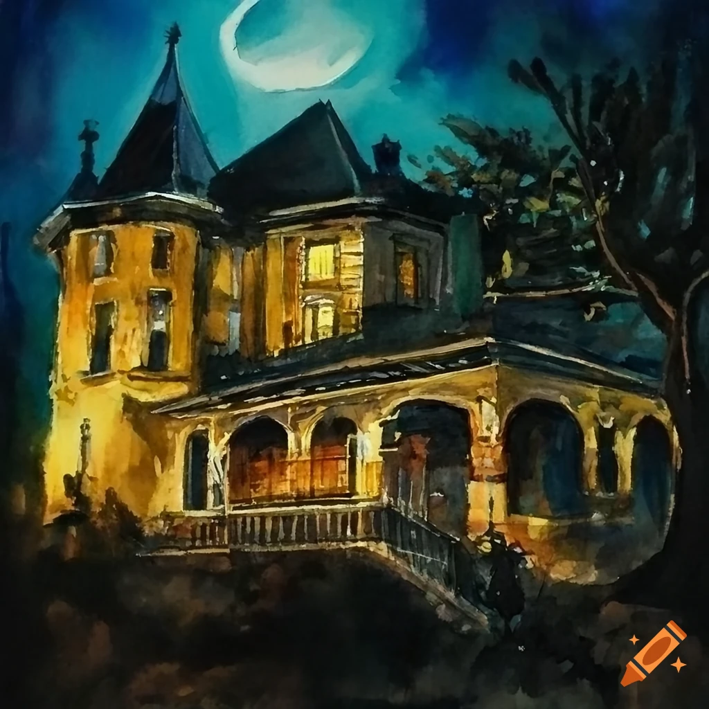 Watercolor of a spooky mansion at night