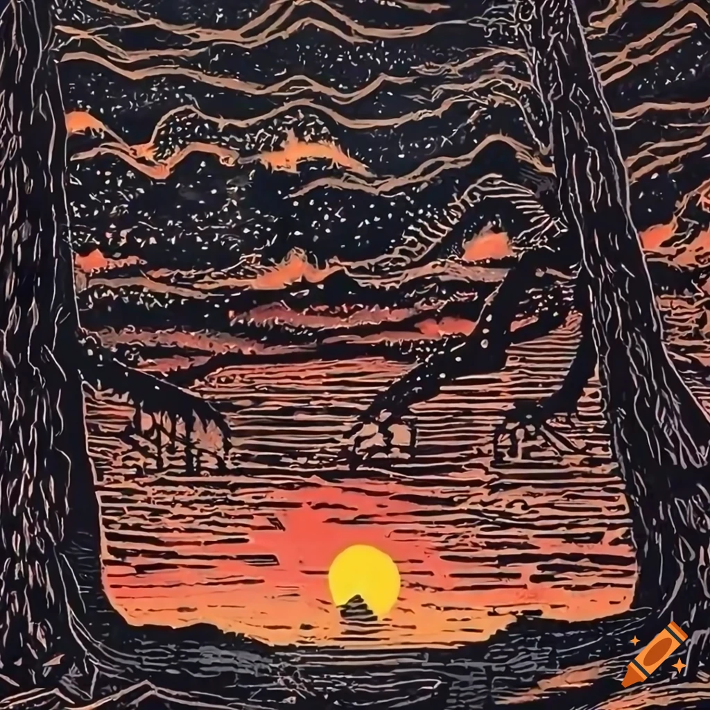 High contrast linocut of a swimming plesiosaur with mountains in the ...