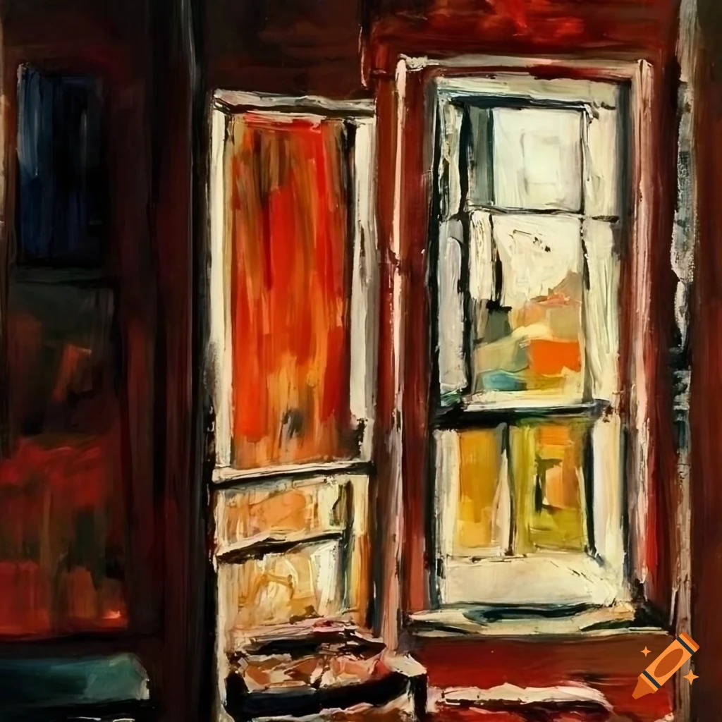 Oil painting of a small village seen through a window on Craiyon