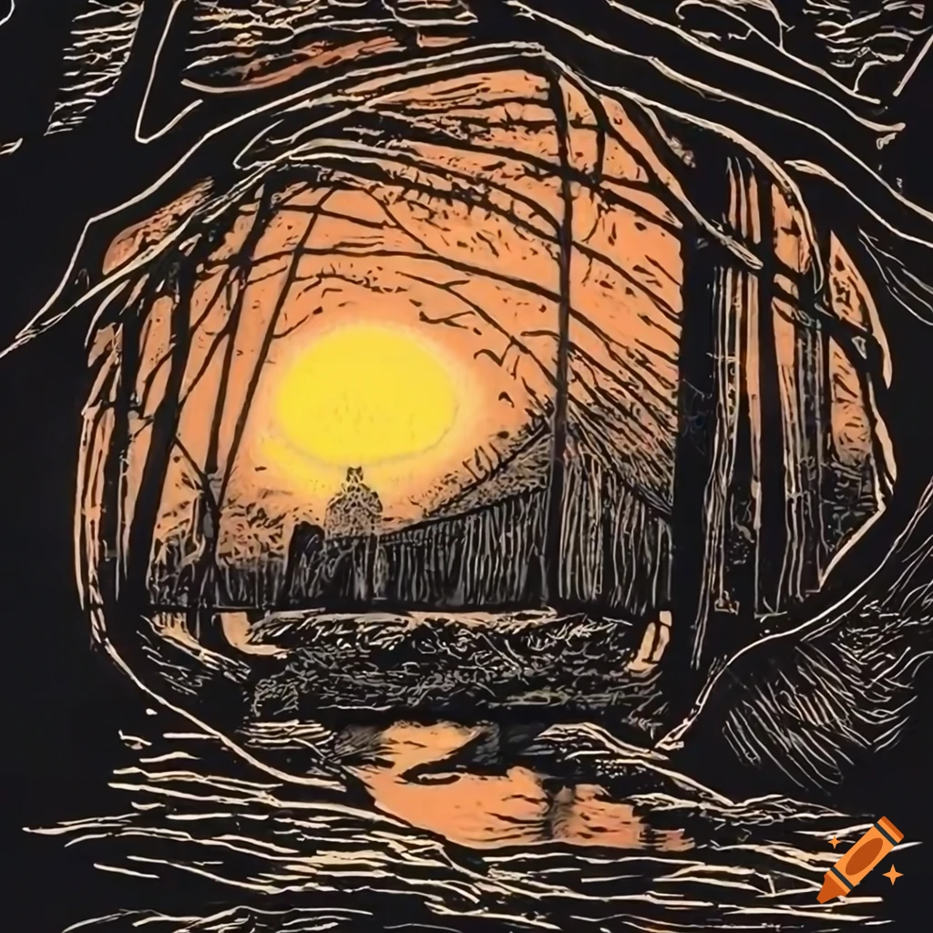 Linocut illustration of a surreal landscape at sunrise