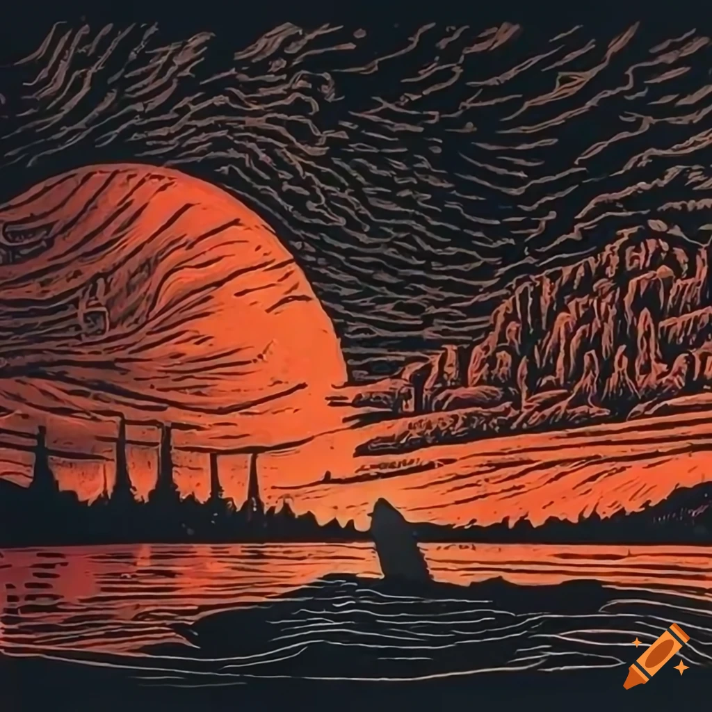 Detailed linocut illustration of a surreal sunrise landscape on Craiyon