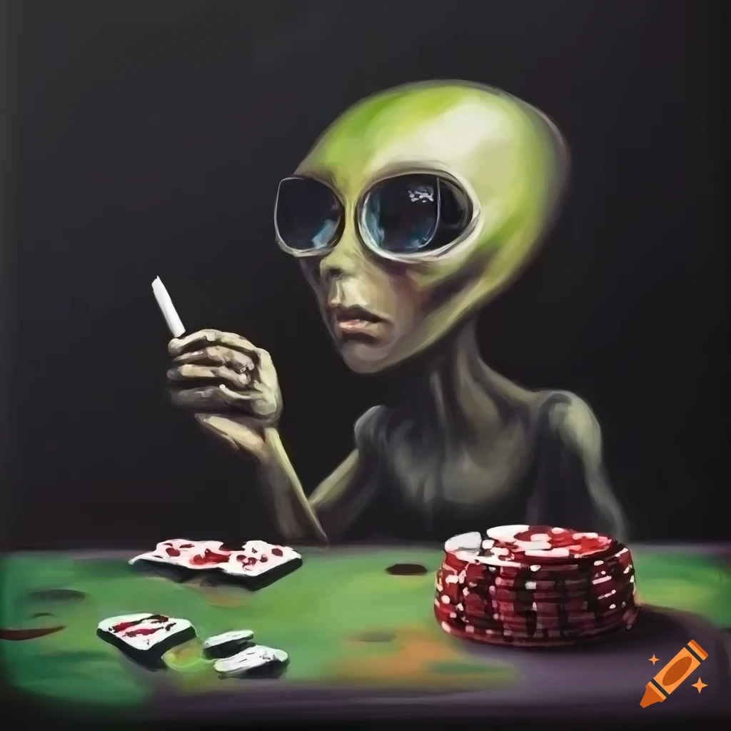 Painting of an alien playing poker and smoking on Craiyon