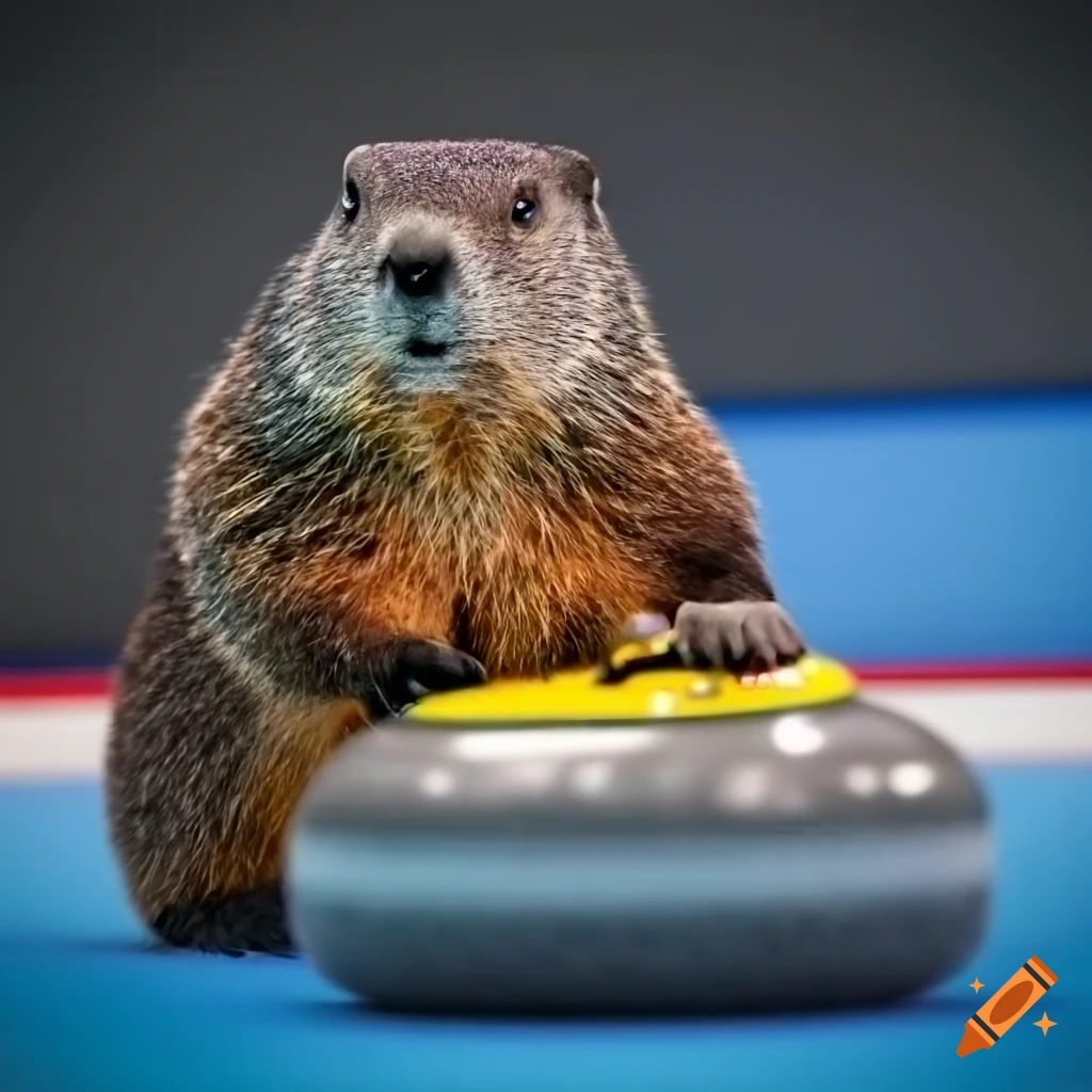 A curious marmot standing on a podium in a lecture hall on Craiyon
