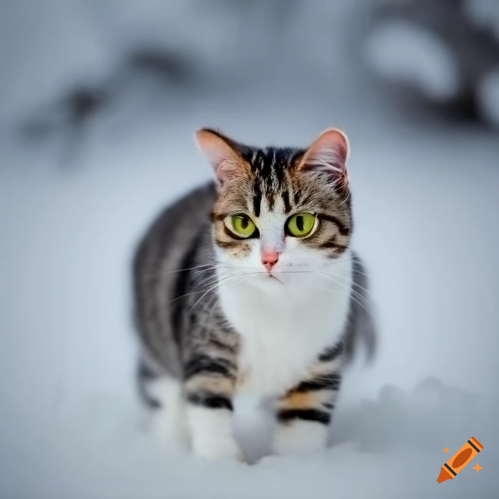 White striped cat with snowy backdrop on Craiyon