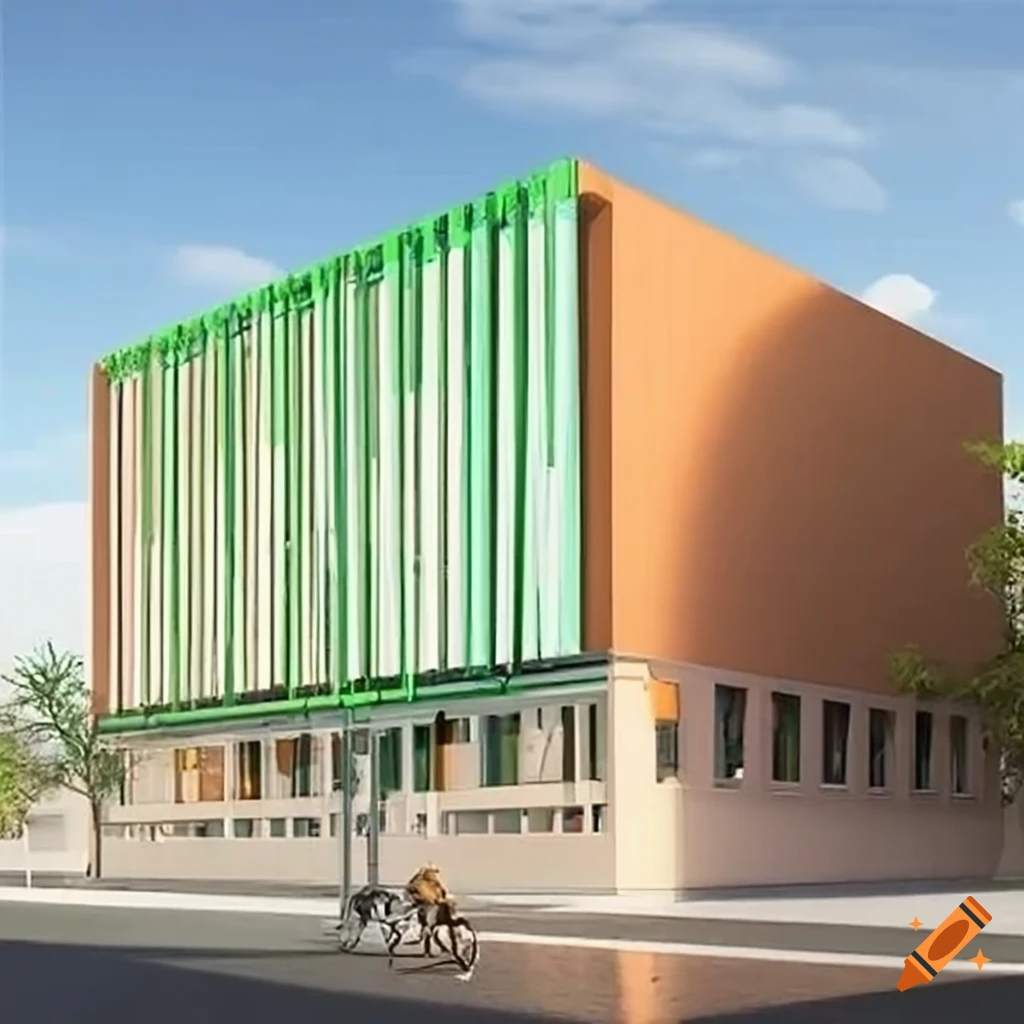 Modern 3-storey school facade with green sunshades on Craiyon