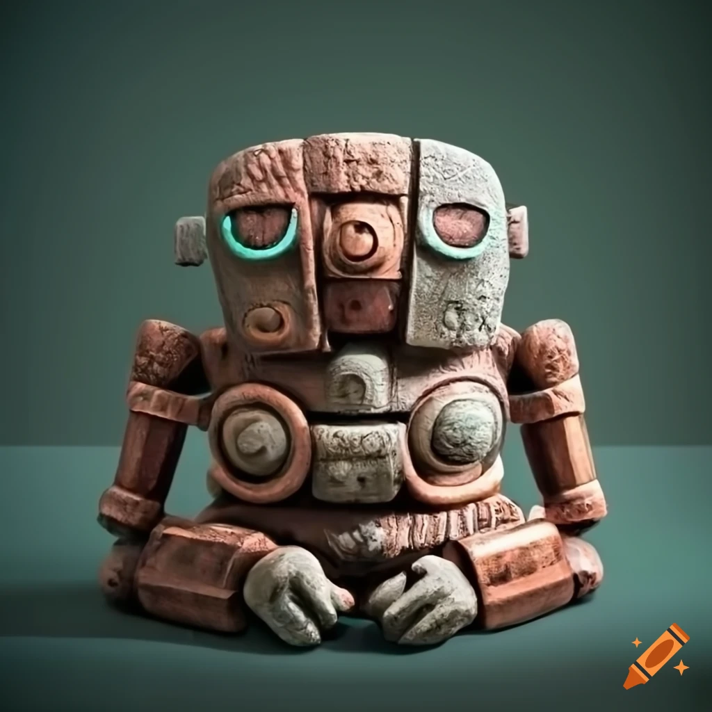 Copper and brass mayan robot sleeping in a forest on Craiyon