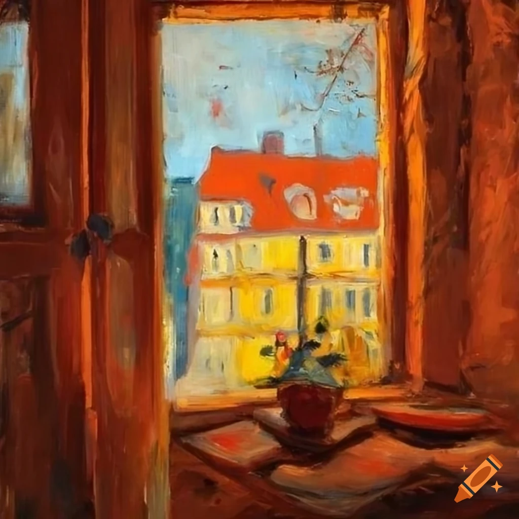 Expressionist oil painting with flapping curtains through an open window