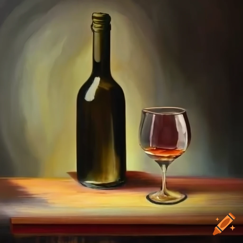 Painting of a wine bottle and glass on a table on Craiyon