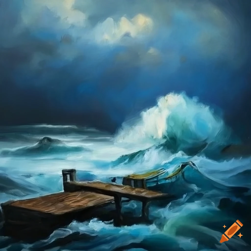 Oil painting of stormy ocean crashing over wooden dock on Craiyon