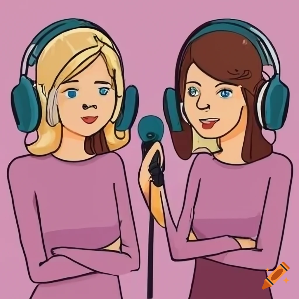 Cartoon of two women recording a podcast on Craiyon