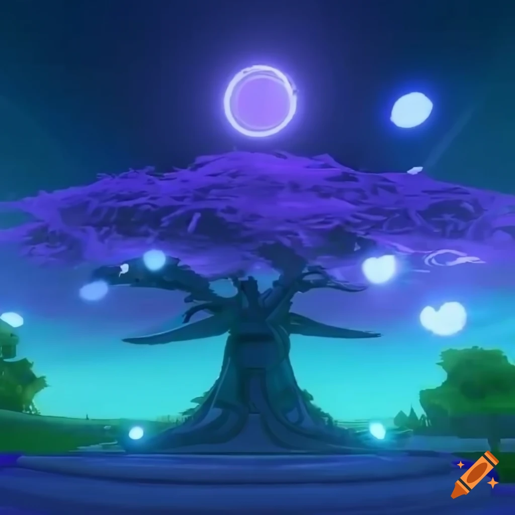 Nighttime screenshot of a vibrant tree in Genshin style on Craiyon