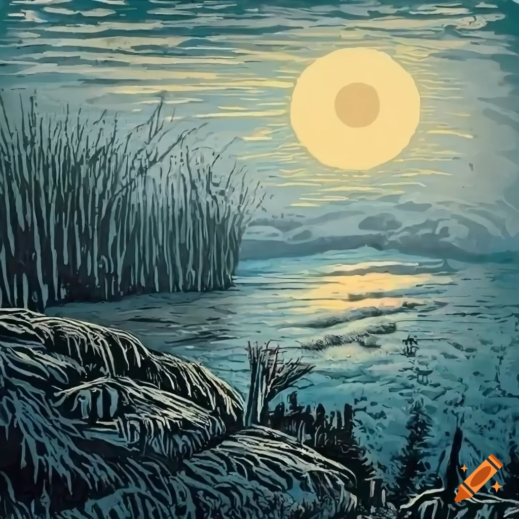 Linocut illustration of a surreal landscape on Craiyon