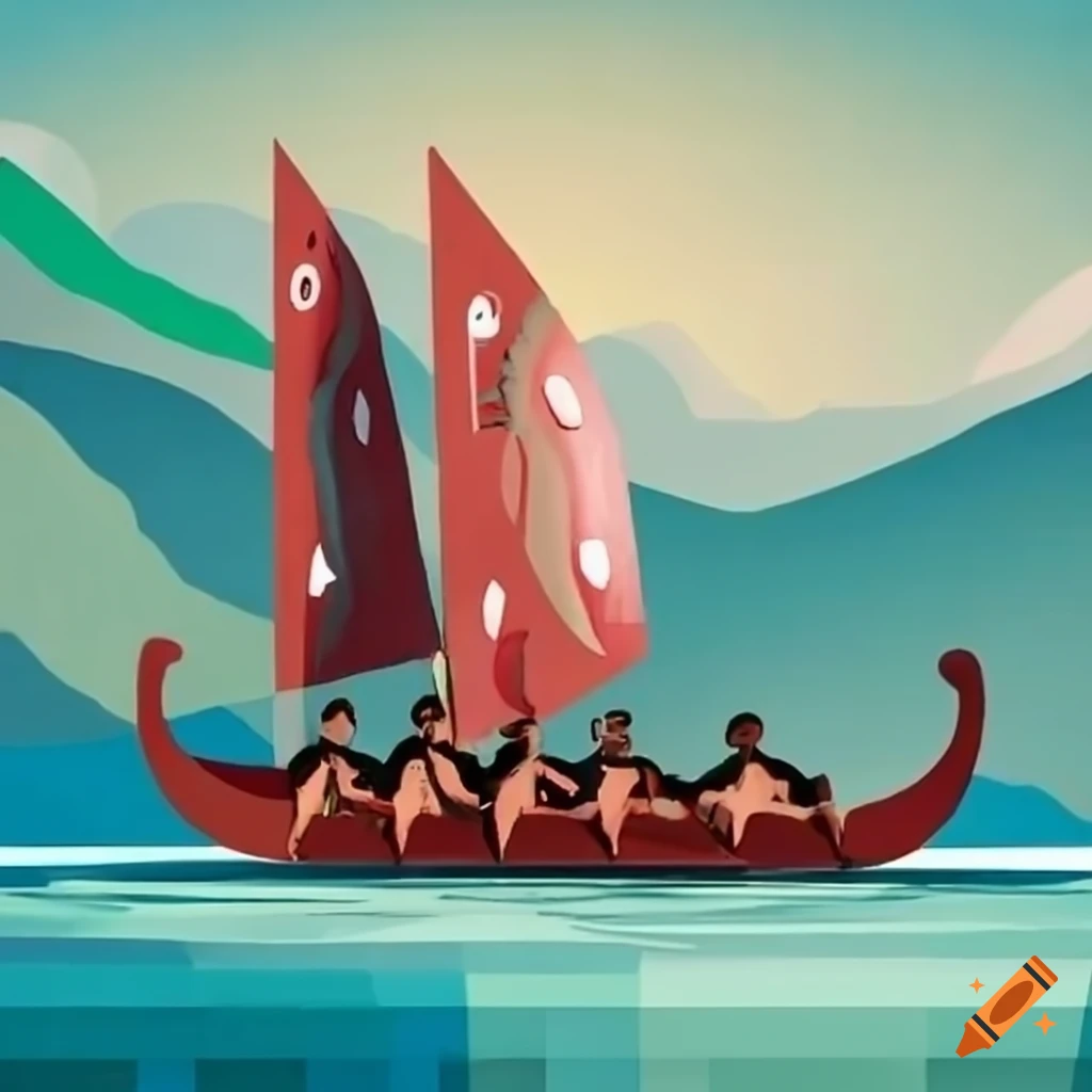 Maori waka with students rowing and inscription 'pangarau' on Craiyon