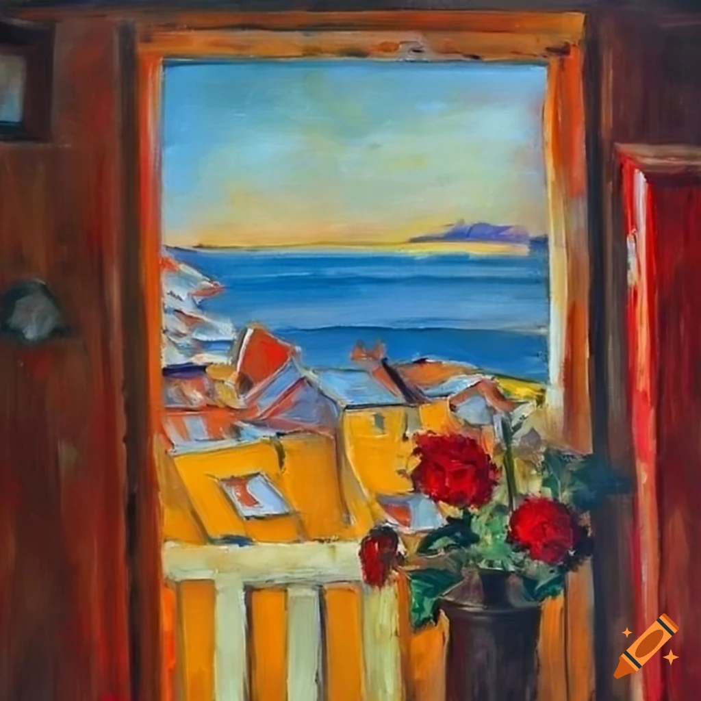 View from a rustic window of a colorful tropical beach in a renoir art ...