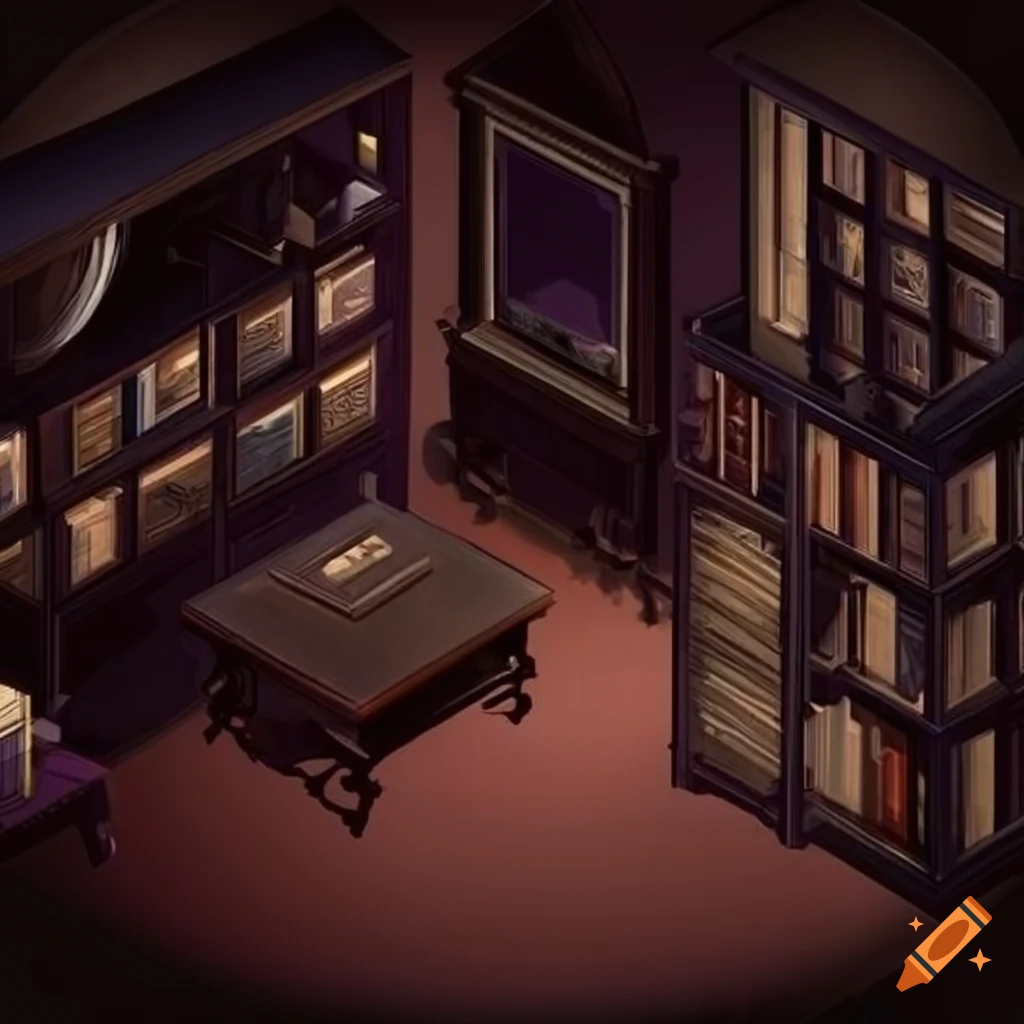 Isometric view of a gothic study room with bookshelves