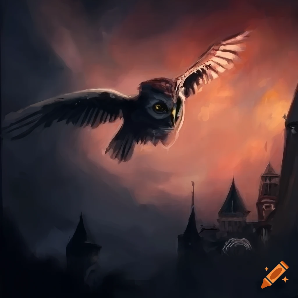 Eerie painting of an owl flying over a medieval castle
