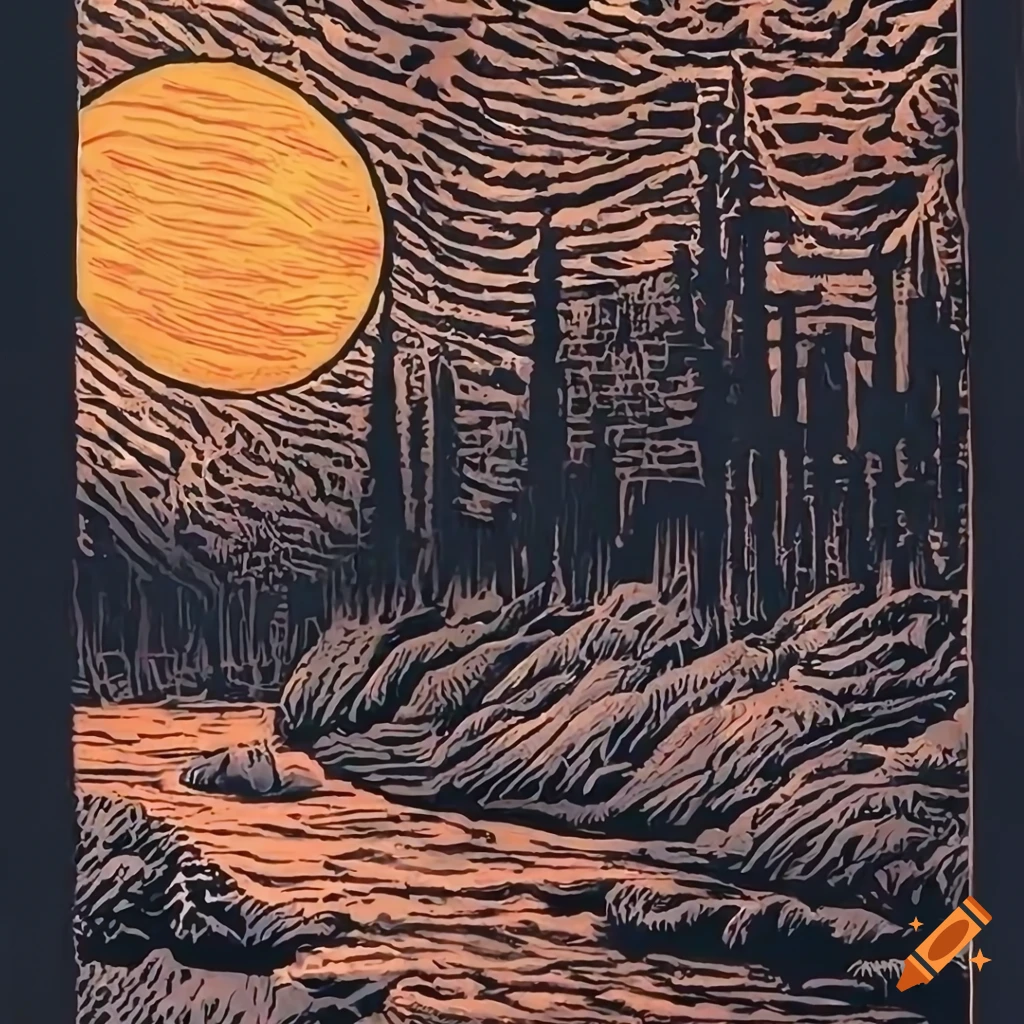 Detailed linocut illustration of surreal landscape at sunrise