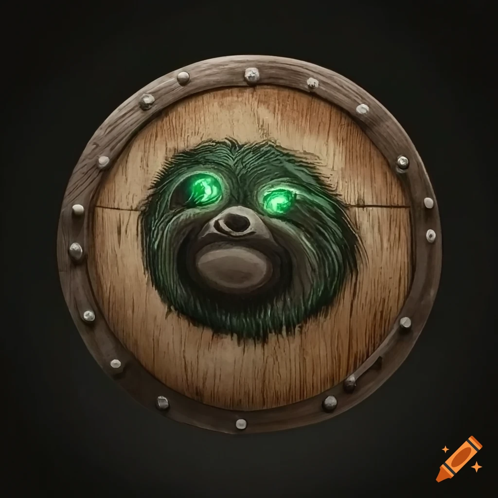 Carved wooden shield with sloth emblem
