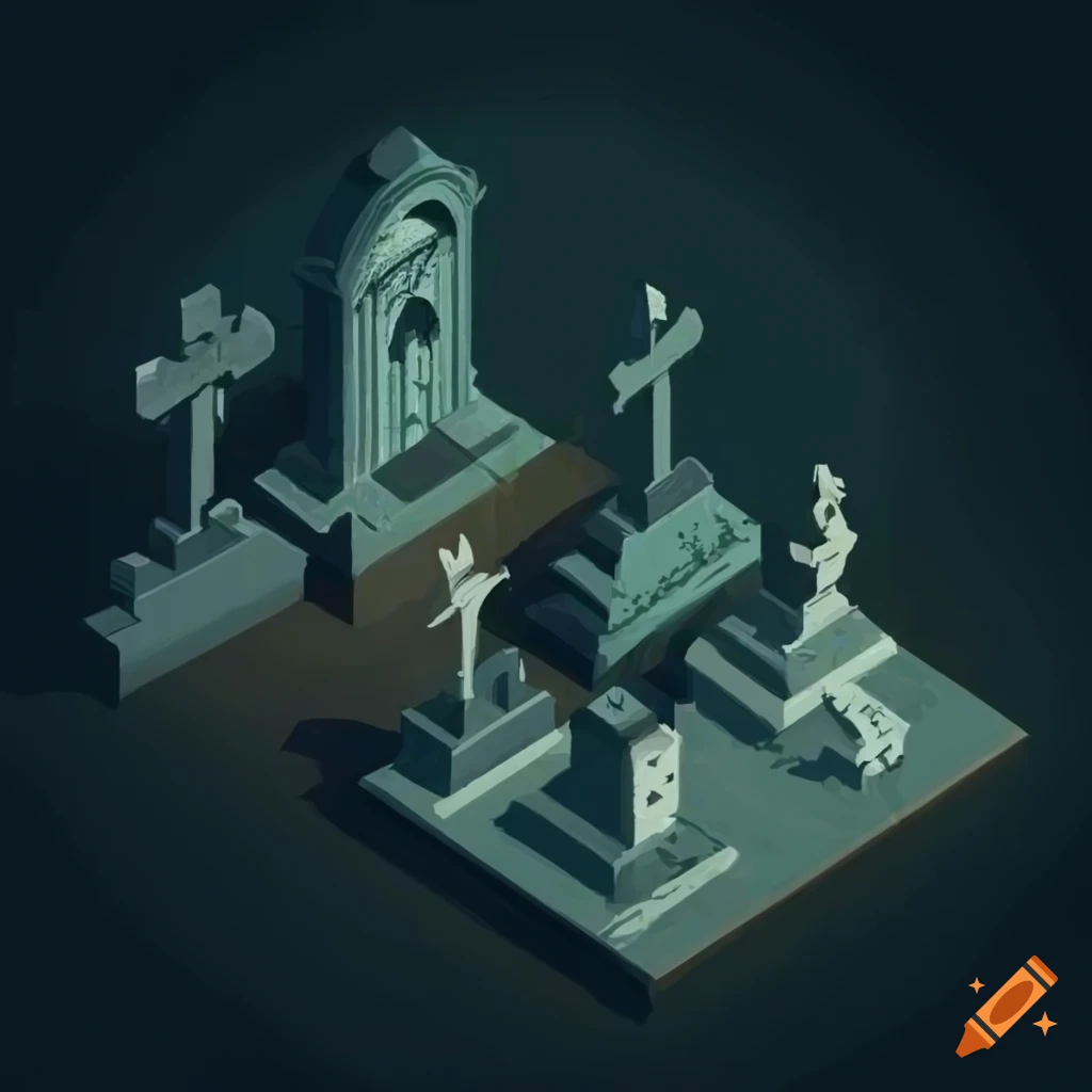 Isometric view of a gothic cemetery with graves and statues on Craiyon