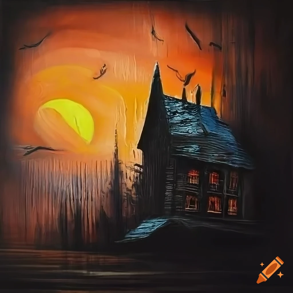 Oil painting of a haunted house at sunset on Craiyon