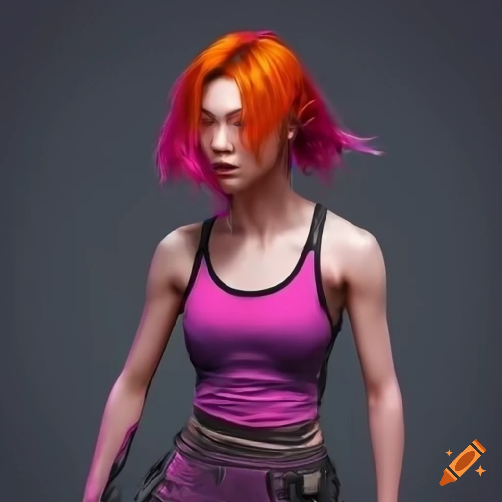 Cyberpunk Asian woman with orange hair in pink racerback tank top on ...