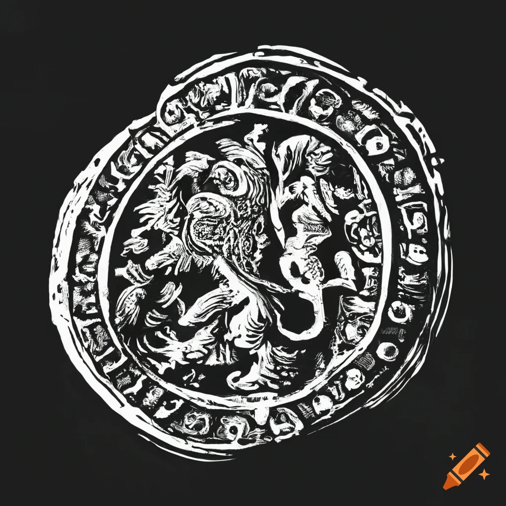 Black and white ink drawing of a medieval coin on Craiyon