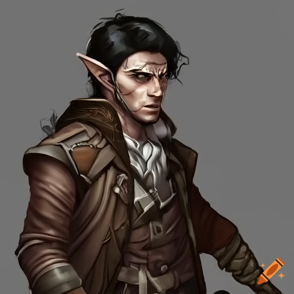 Illustration of a middle-aged male half-elf gunslinger on Craiyon