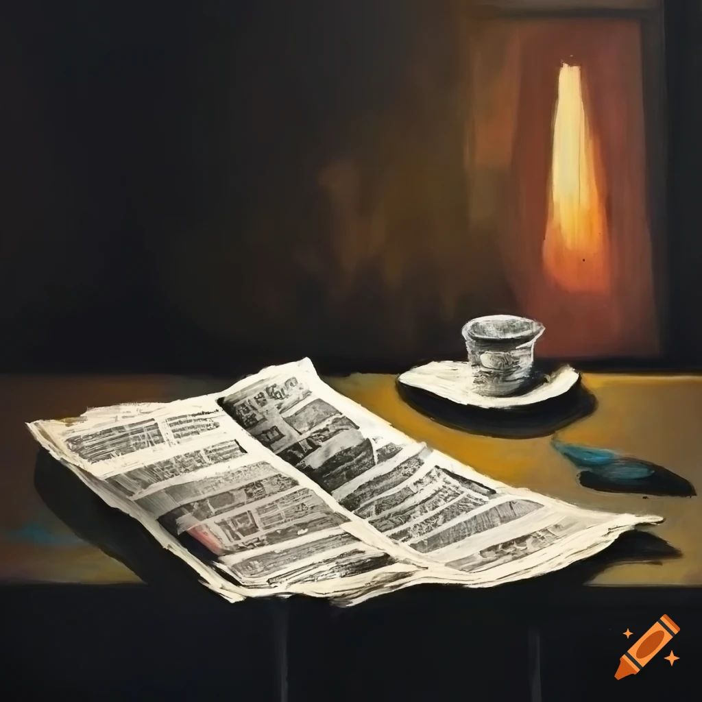 Close-up of a painting with newspaper on a table on Craiyon