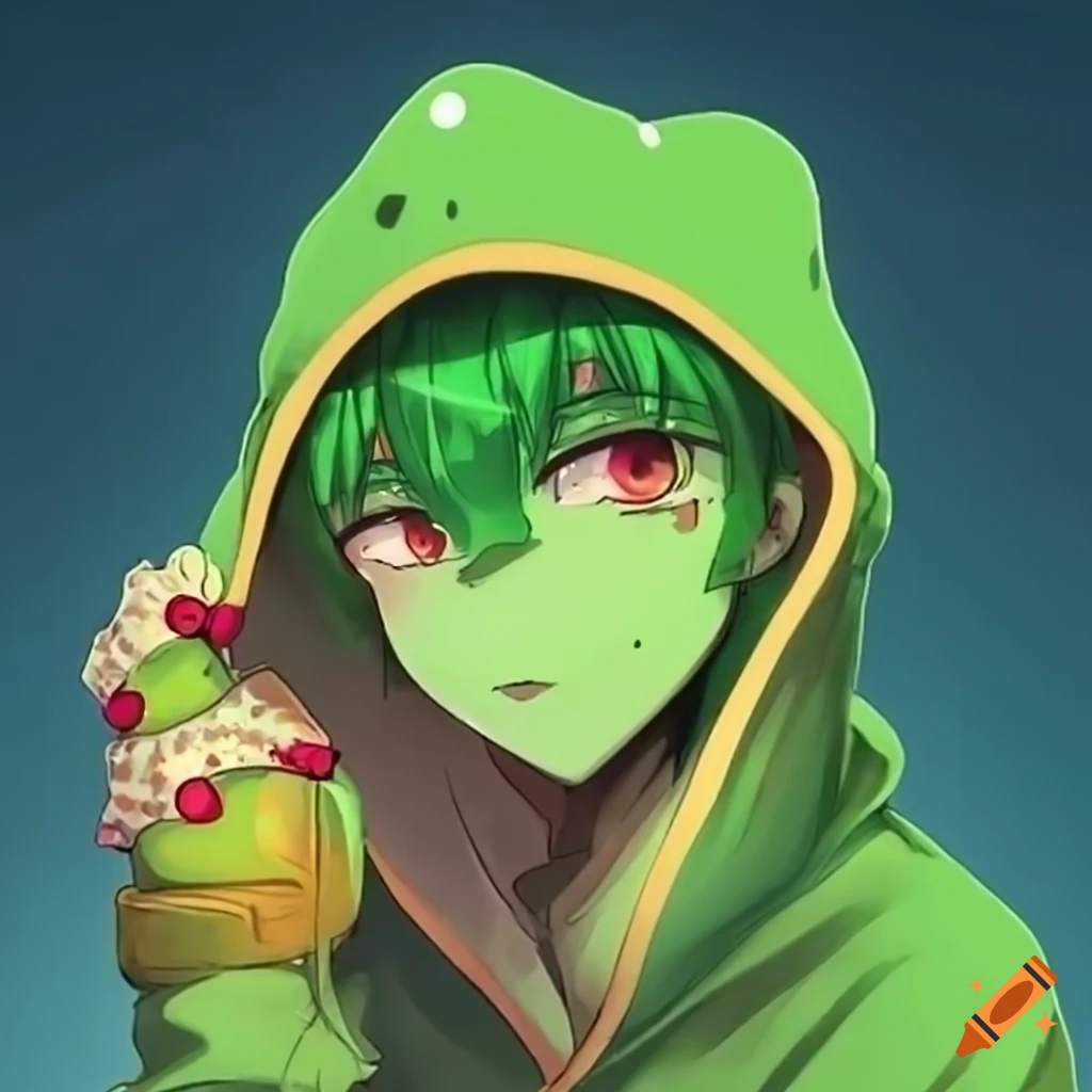 Anime character wearing a green frog hoodie and webbed gloves on Craiyon