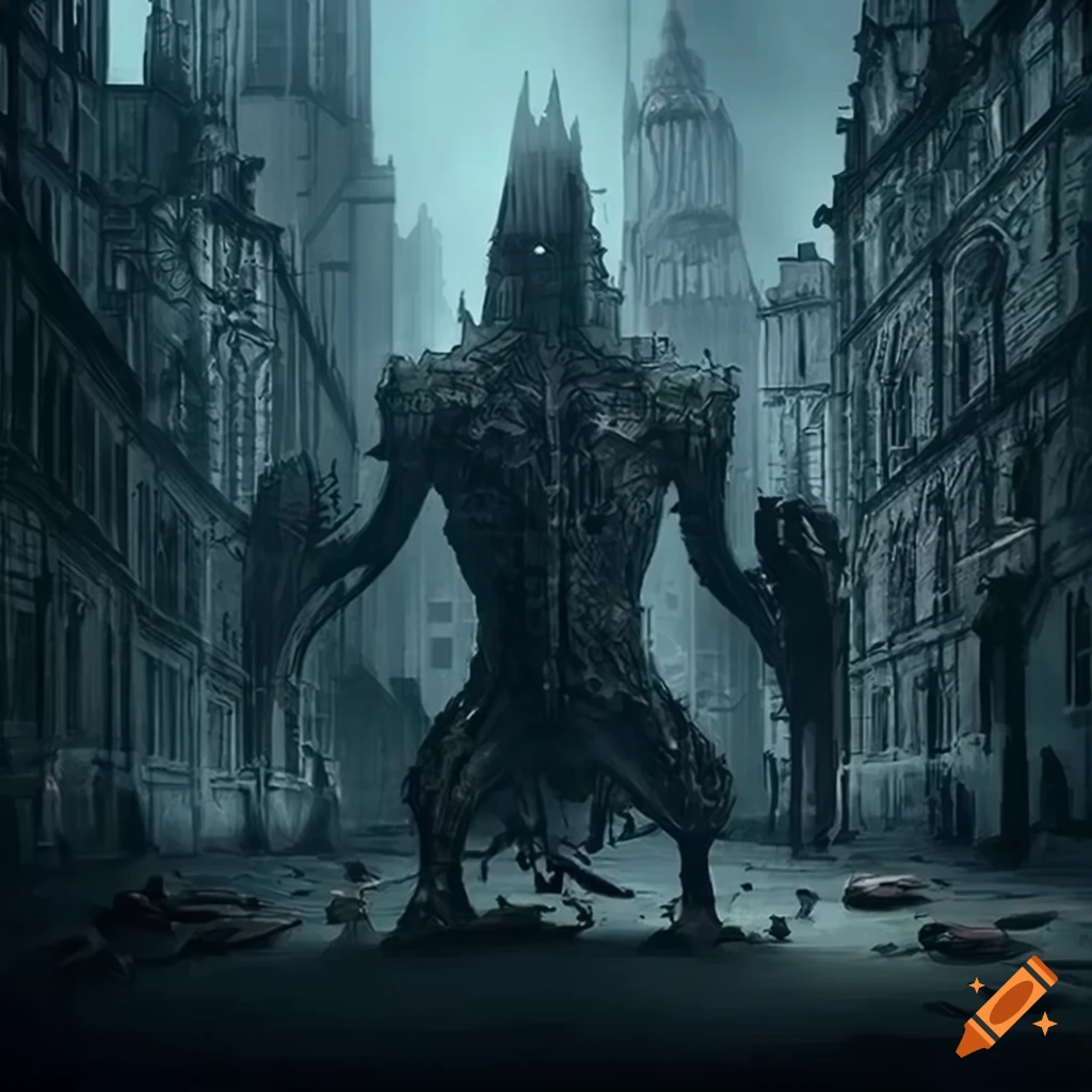 Gothic city monster hunters battling creatures illustration