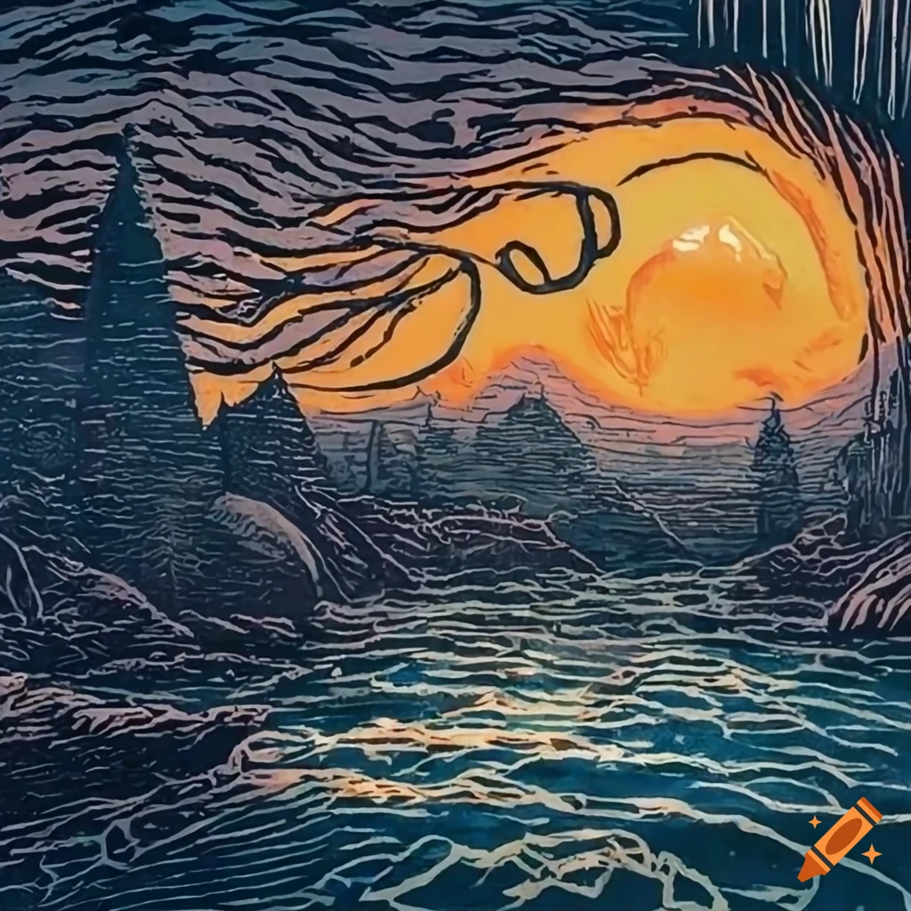 Detailed linocut illustration of surreal landscape at sunrise on Craiyon