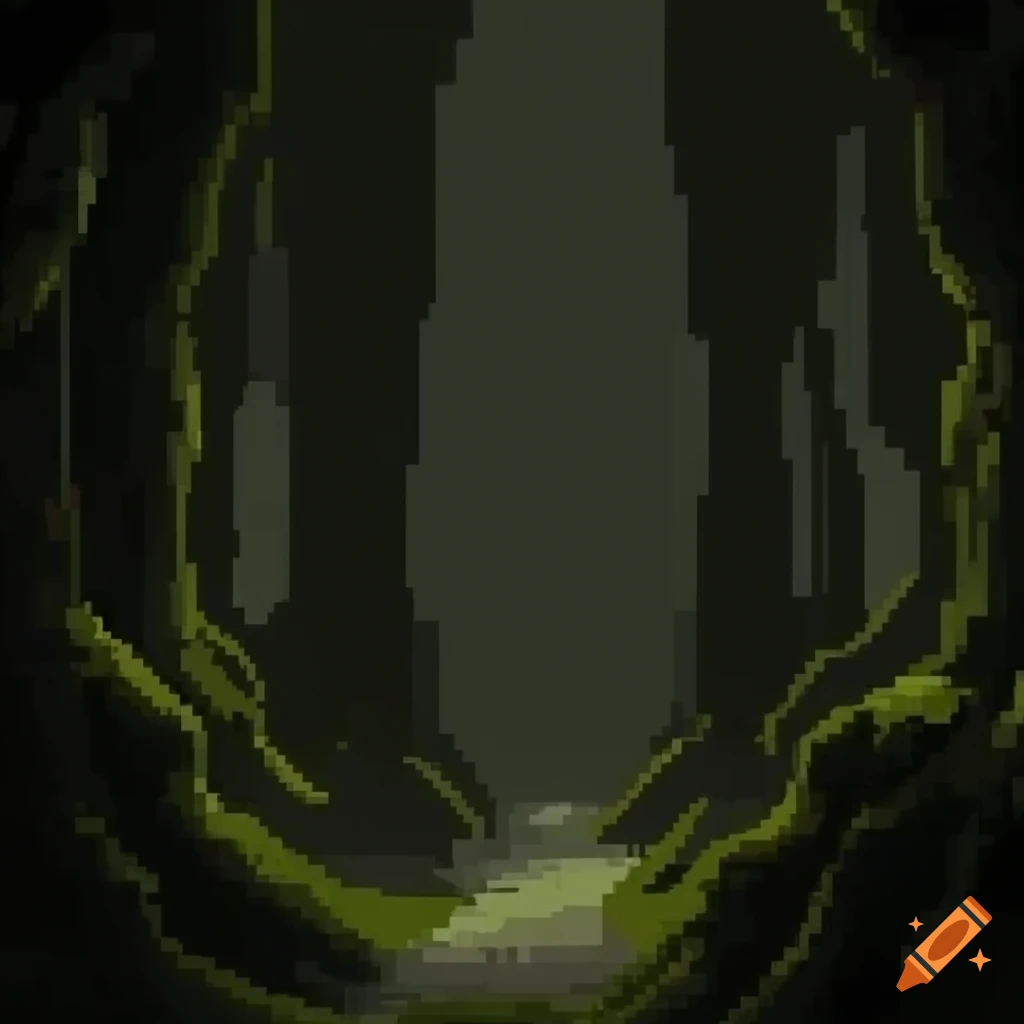 Pixel art of a deep ravine in a dark forest on Craiyon