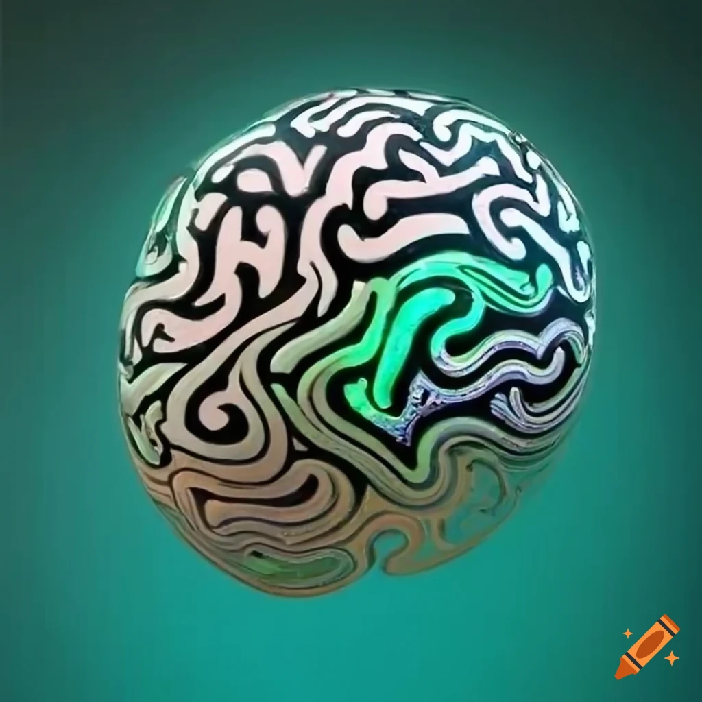 Glass sculpture of a brain in a paisley pattern container