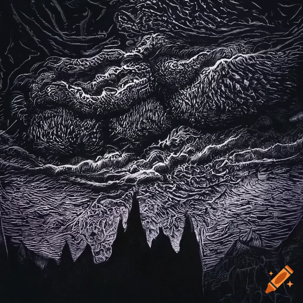 Linocut illustration of storm clouds over surreal landscape at sunrise ...