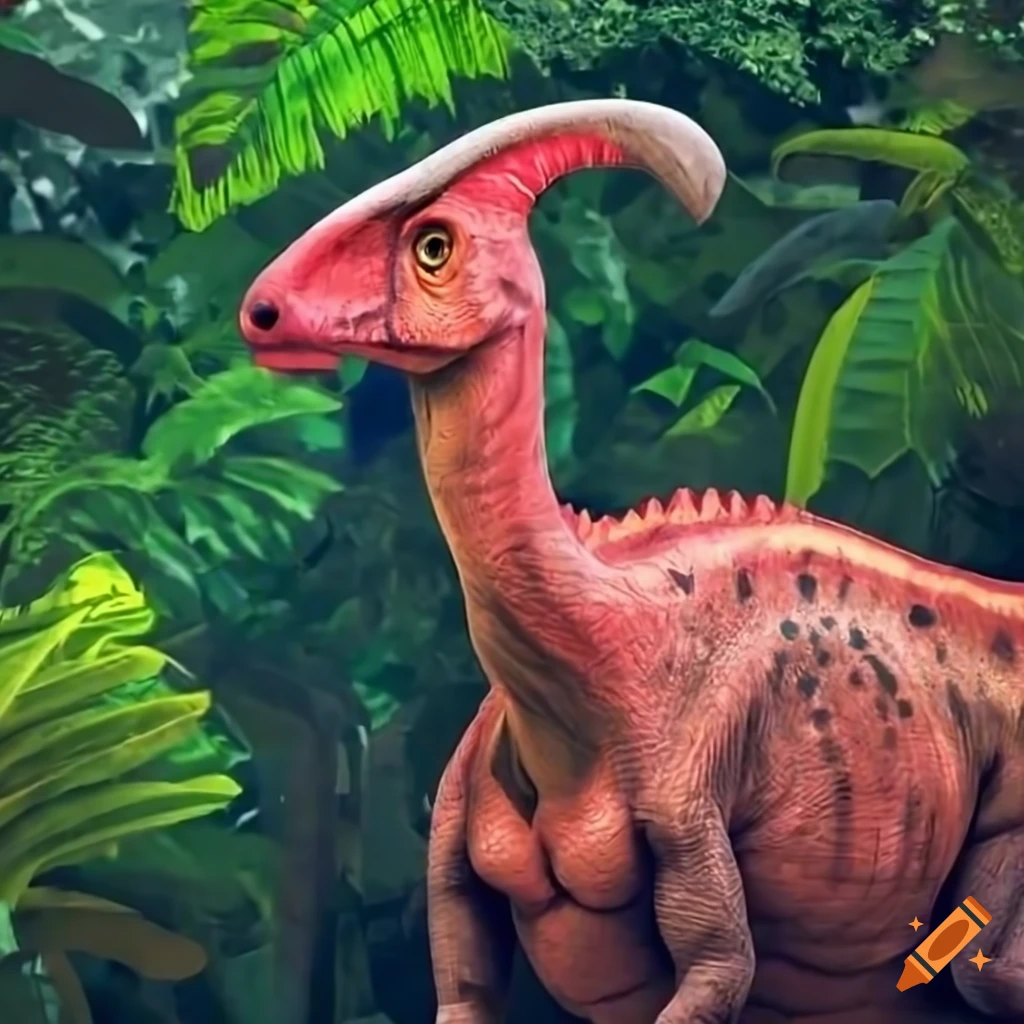 Illustration of a red parasaurolophus in the jungle on Craiyon