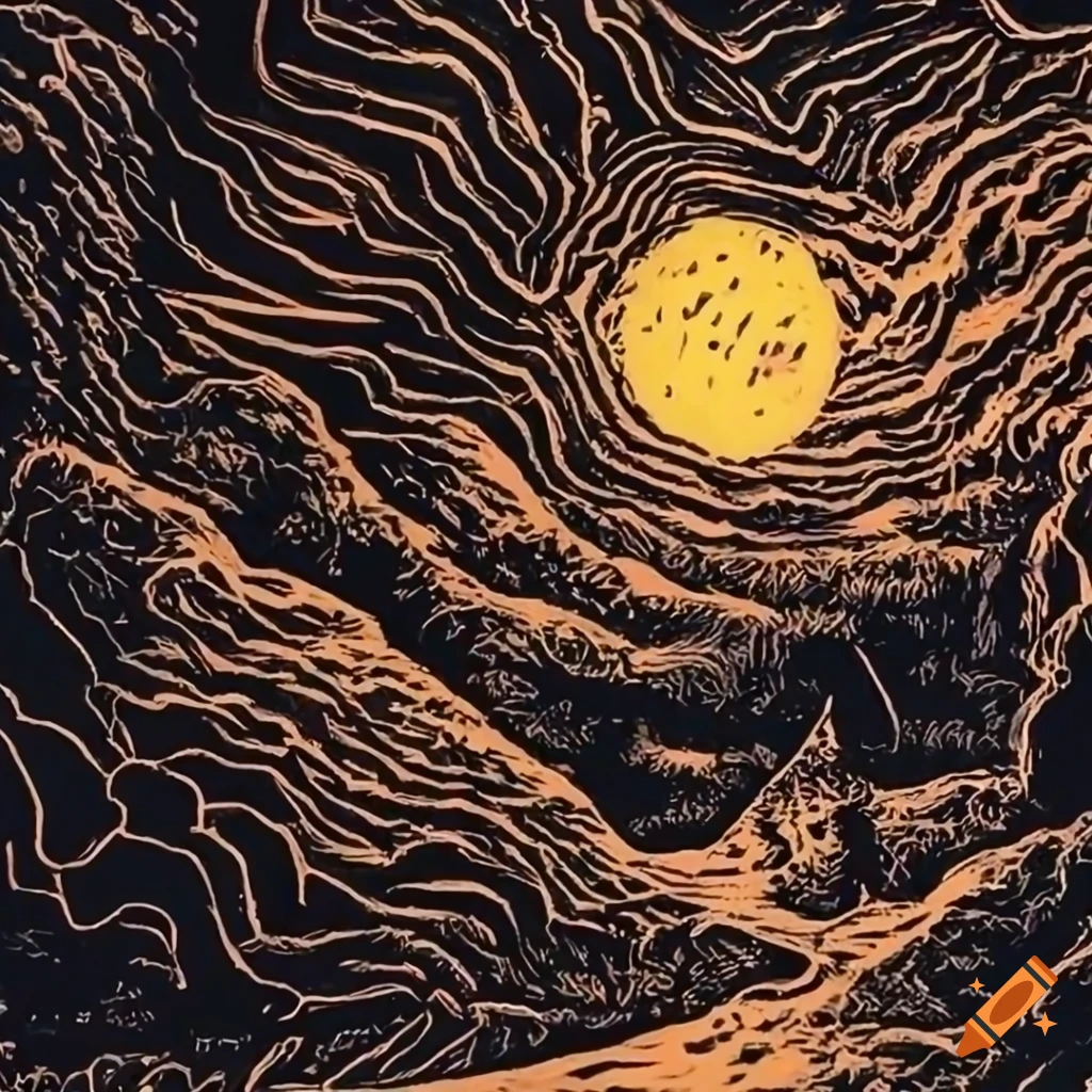 Detailed linocut illustration of a surreal sunrise landscape on Craiyon