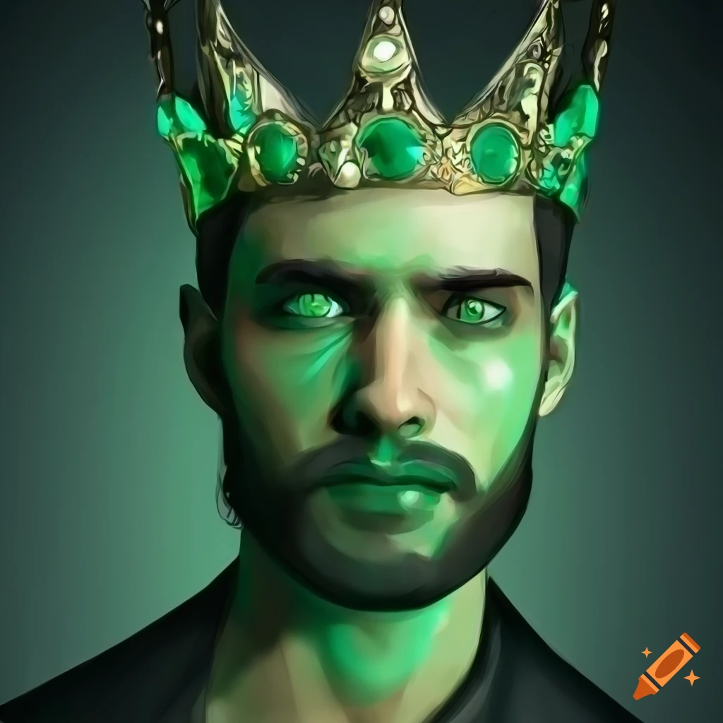 Portrait of a handsome man with green skin and emerald crown on Craiyon
