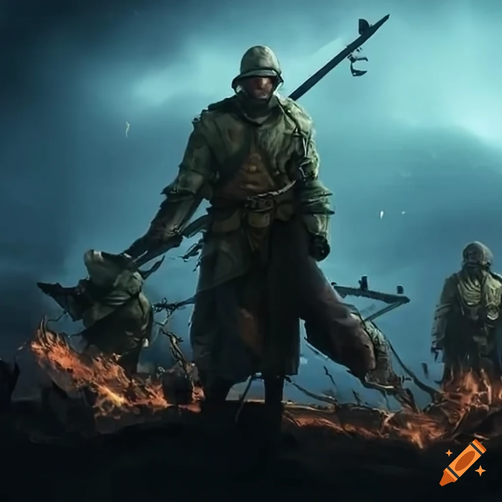 Thumbnail depicting a scene of war on Craiyon