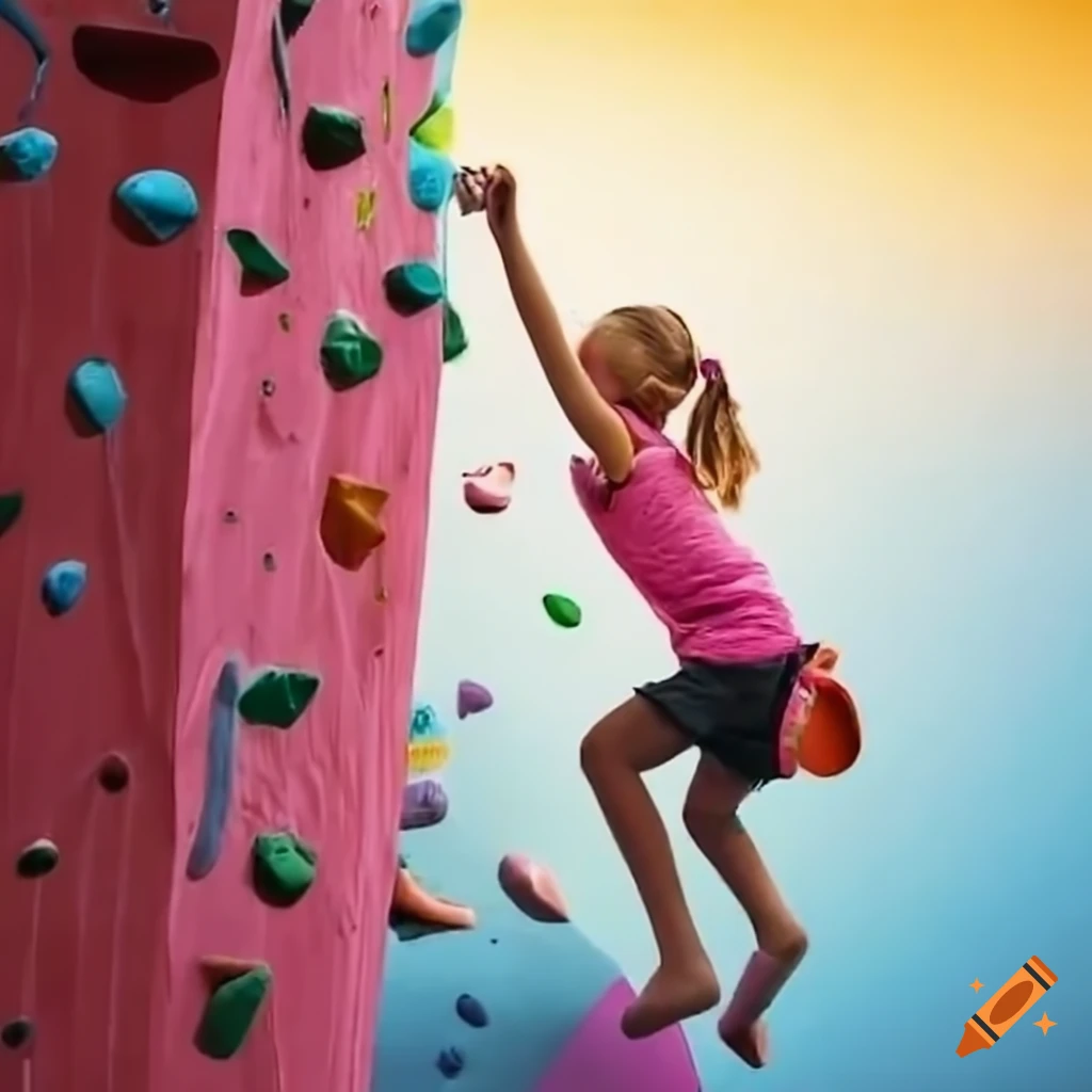Kids climbing wall with a girl at the top