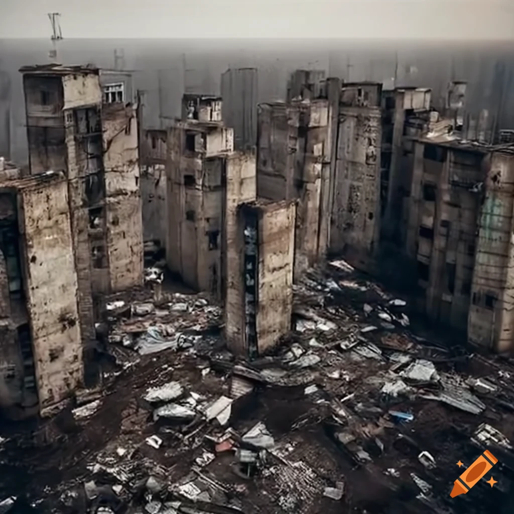 Photorealistic shanty town with ruins of los angeles in the background ...