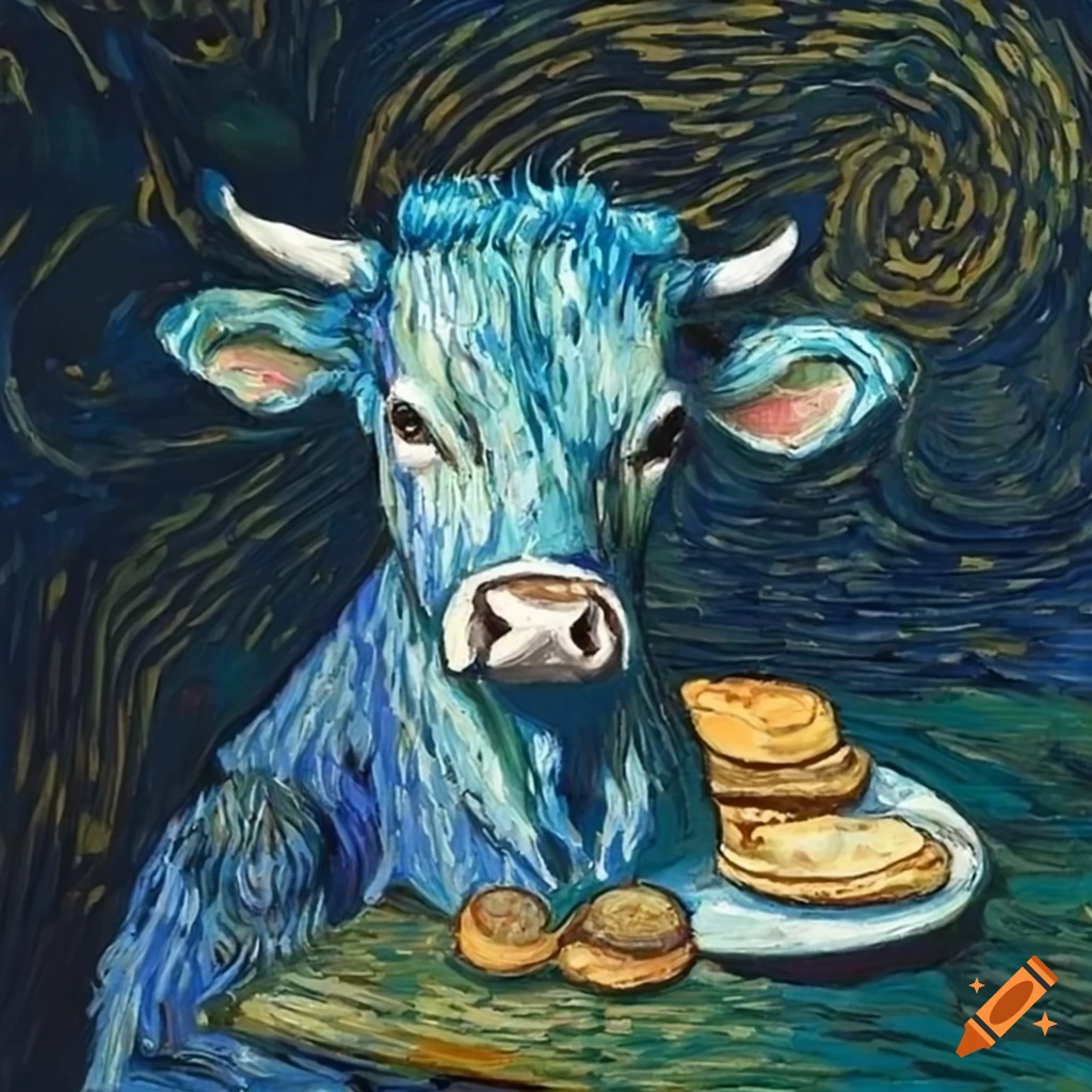 Van gogh style painting of a cow with blue hair and pancakes