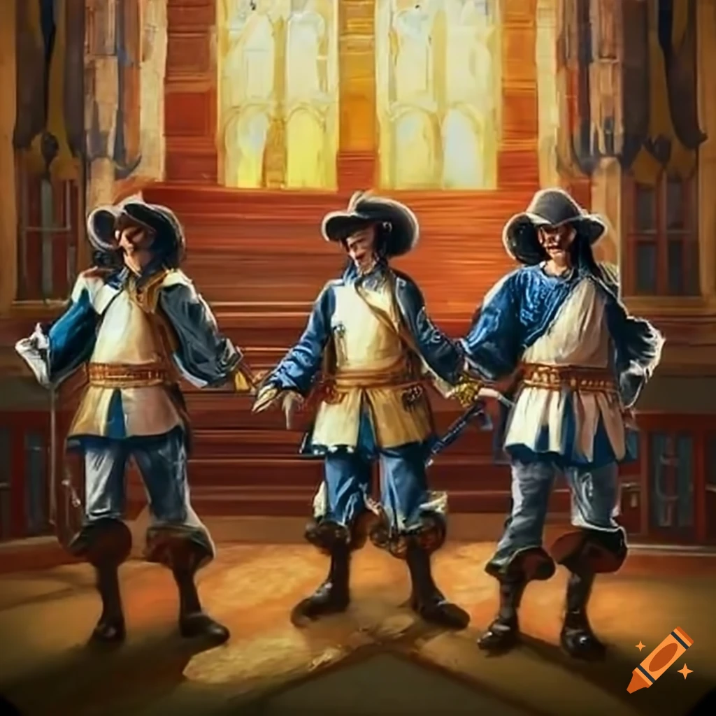 Image of three musketeers in front of a palace