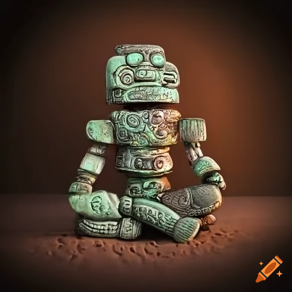 Copper and brass mayan robot sleeping in a forest on Craiyon