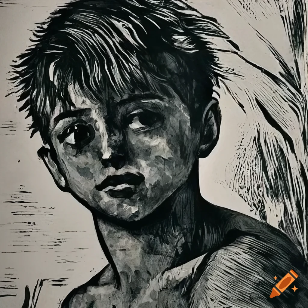 Monochrome linocut of a relaxed boy in nature