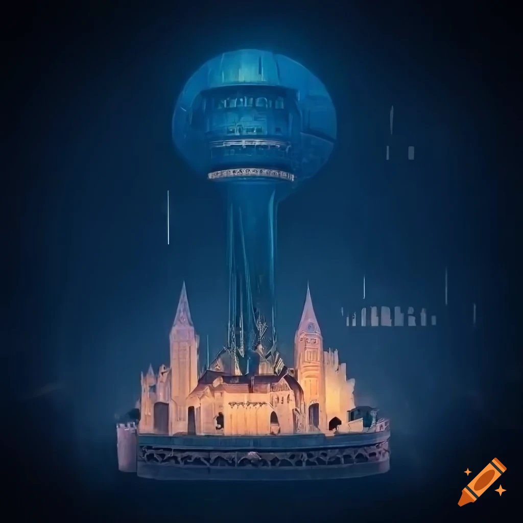 Detailed magicpunk cityscape with Tesla tower on Craiyon