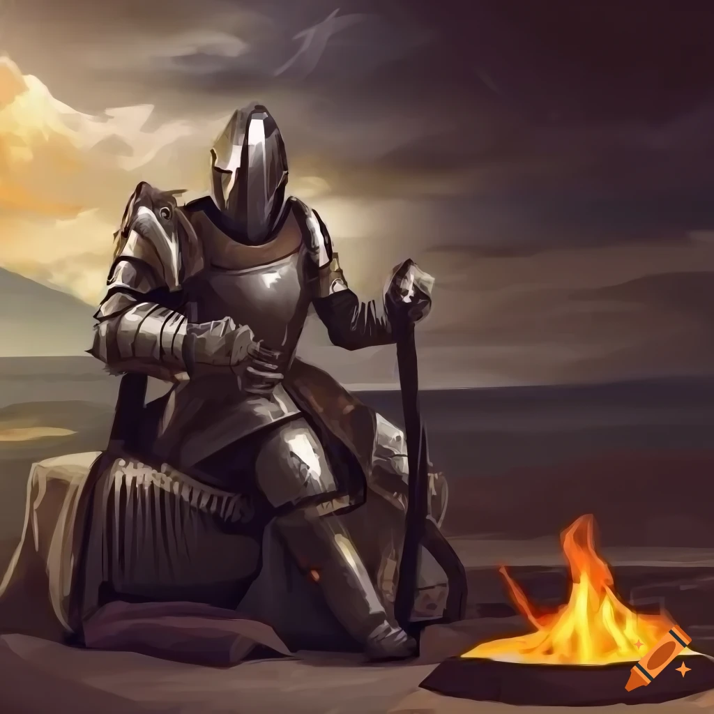 Dark fantasy art of a knight by a campfire on Craiyon